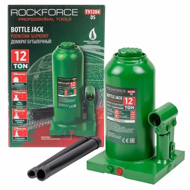 Домкрат гидравлический бутылочный, 12 тонн с предохранительным клапаном ROCKFORCE