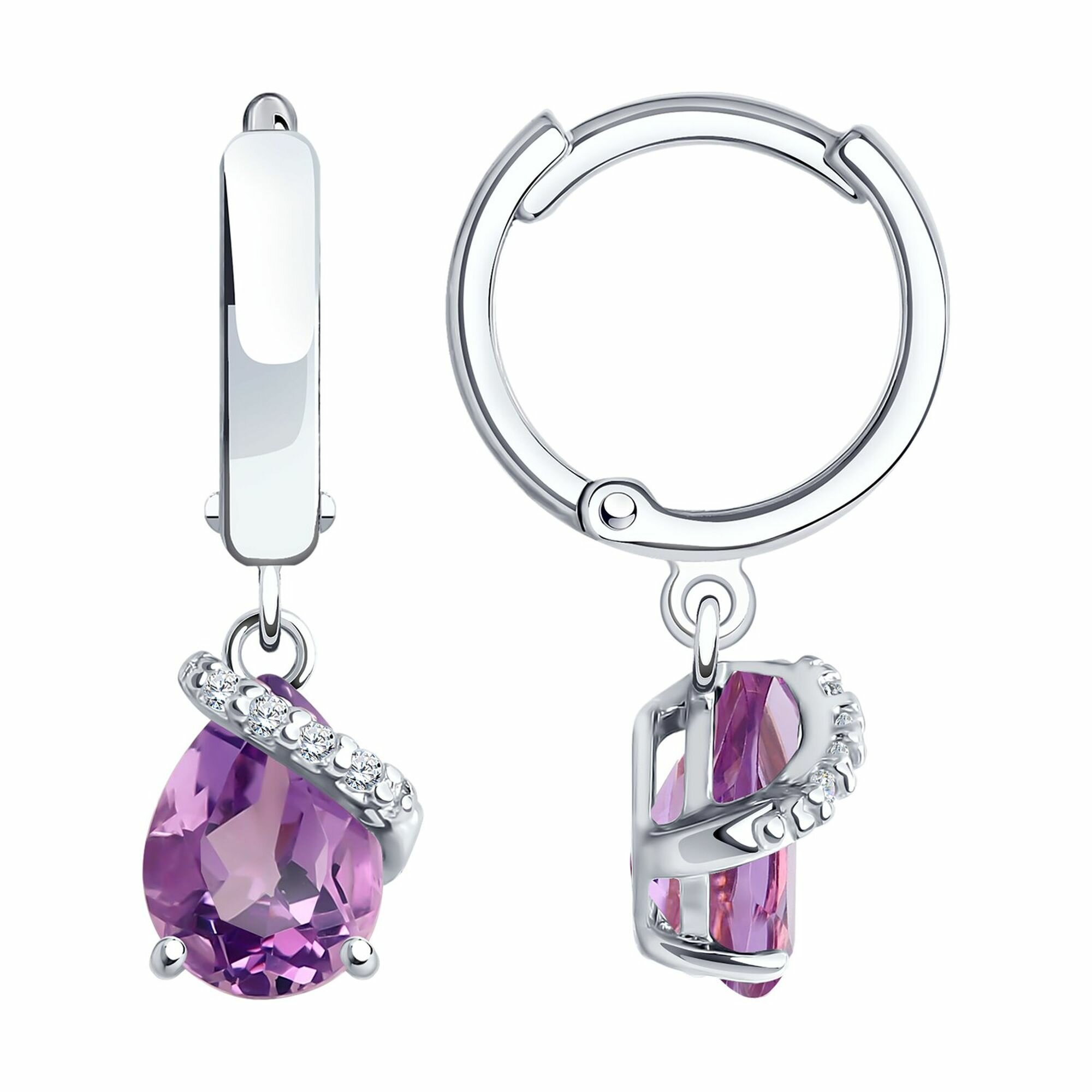 Серьги, серебро, 925 проба, родирование, фианит, аметист