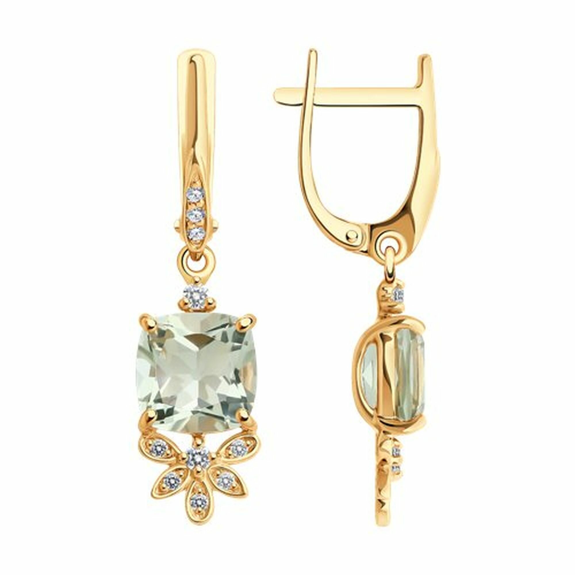 Серьги, красное золото, 585 проба, празиолит, фианит
