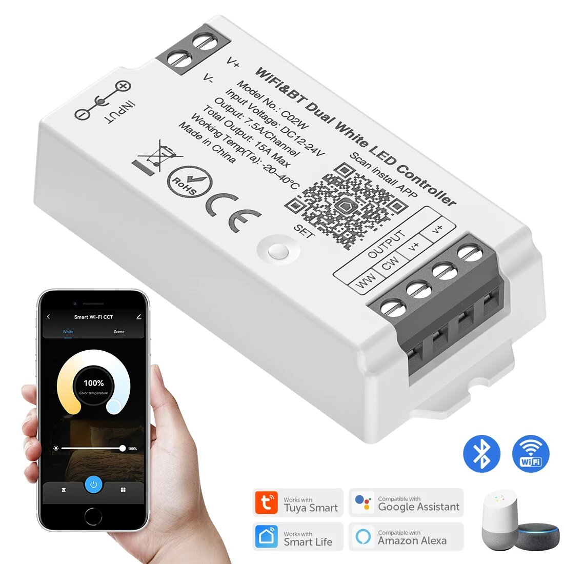 Умный RGBW контроллер BTF-LIGHTING для светодиодной ленты Tuya Wi-Fi 12-24В Only 1xController, 3 Pin CCT Lights