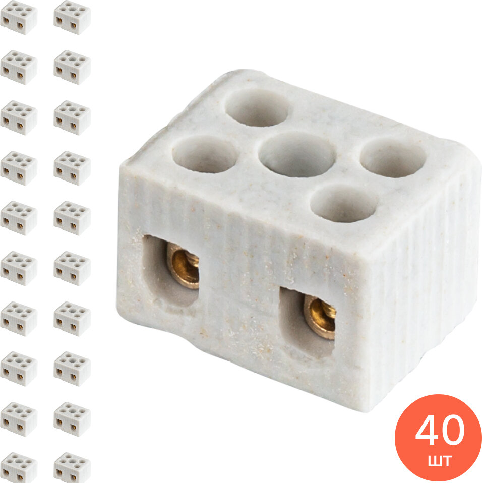 Клеммная колодка Navigator / Навигатор КЗВ NTB-HCR-2-24/WH винтовая, в корпусе из керамики белая, 2 пары, сечение 1.5-6мм2, 24А, 600В / электрика (комплект из 40 шт)