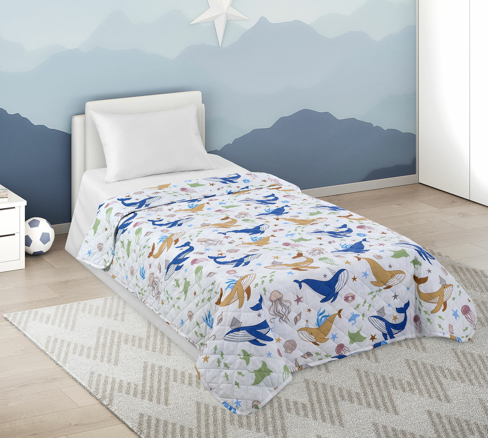 Покрывало Детское на Кровать 140х210 из Перкали, Стеганое "Полосатики 1 син"