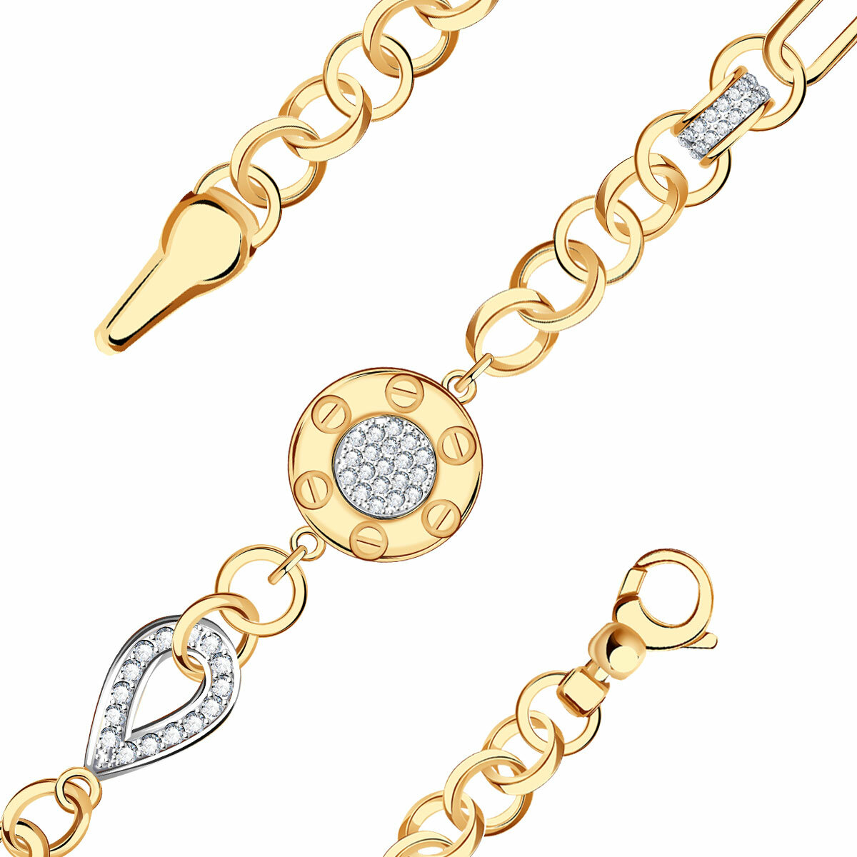 Браслет, красное золото, 585 проба, оникс, фианит