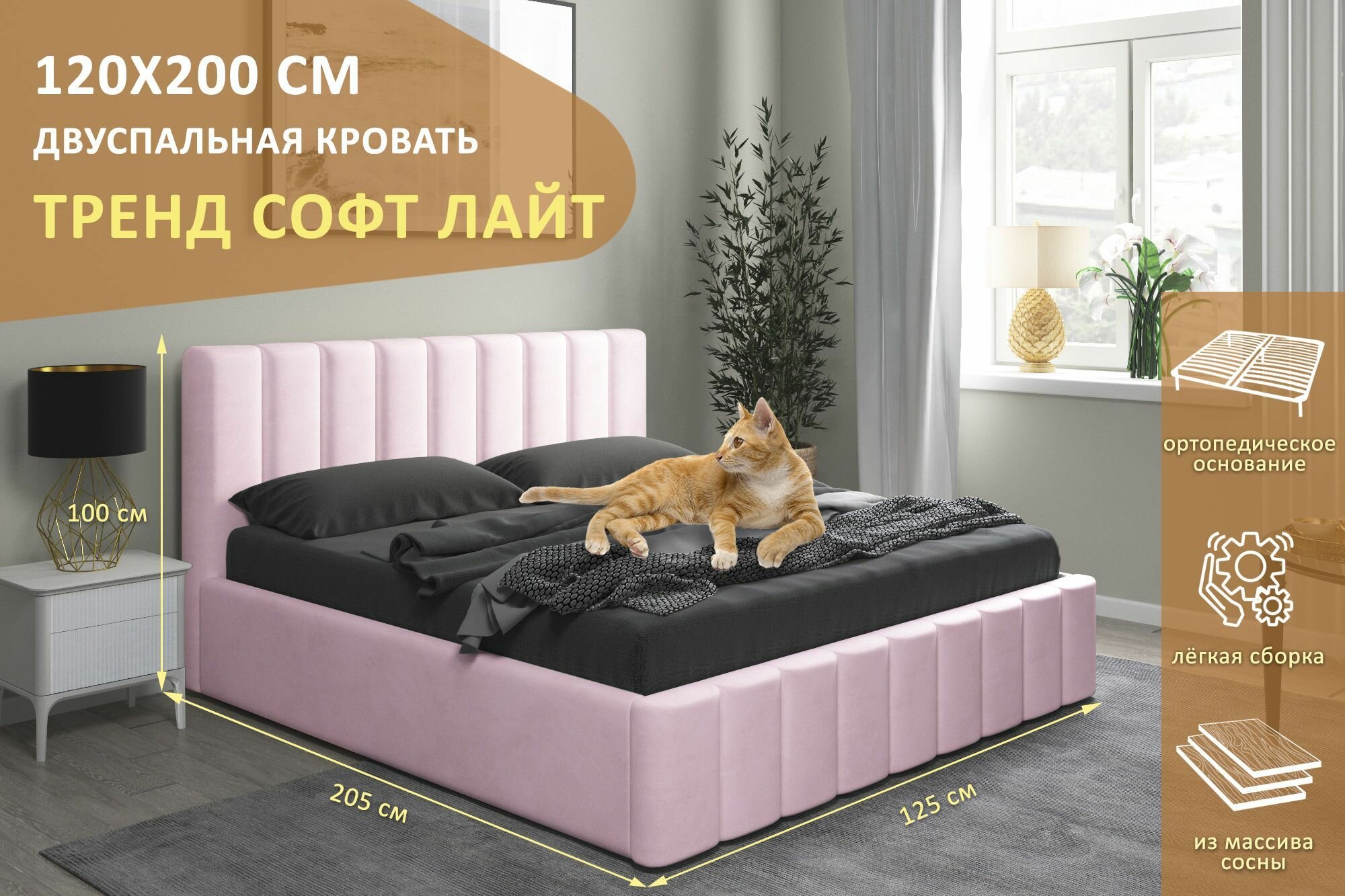 Двуспальная кровать Тренд Софт Лайт 120х200 см, с ортопедическим подъемным механизмом, без ножек, цвет розовый