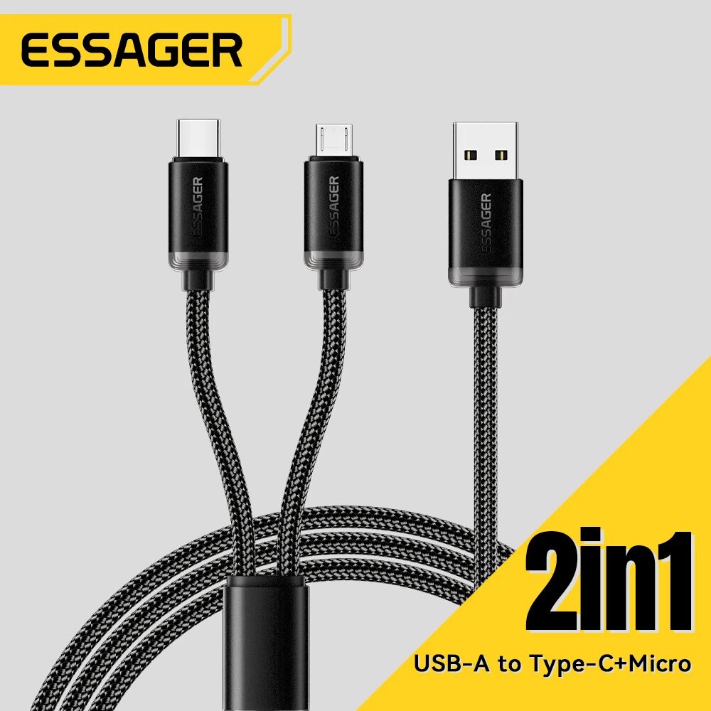 Кабель зарядный Essager 2 в 1, Micro USB Type-C, 2,4 А