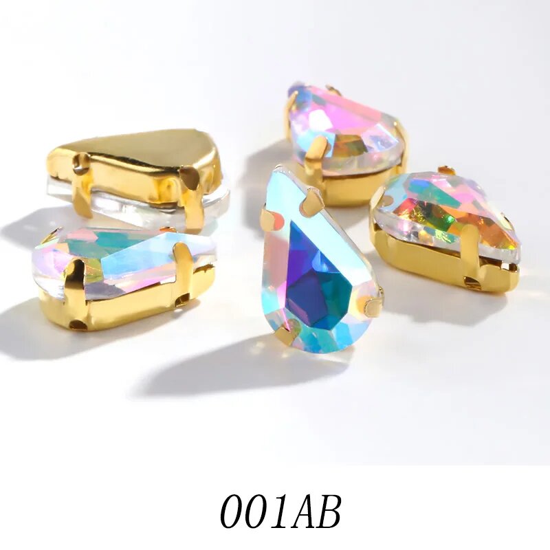 Стразы каплевидные 8x13mm, 20шт, 001AB Crystal AB, с золотым когтем