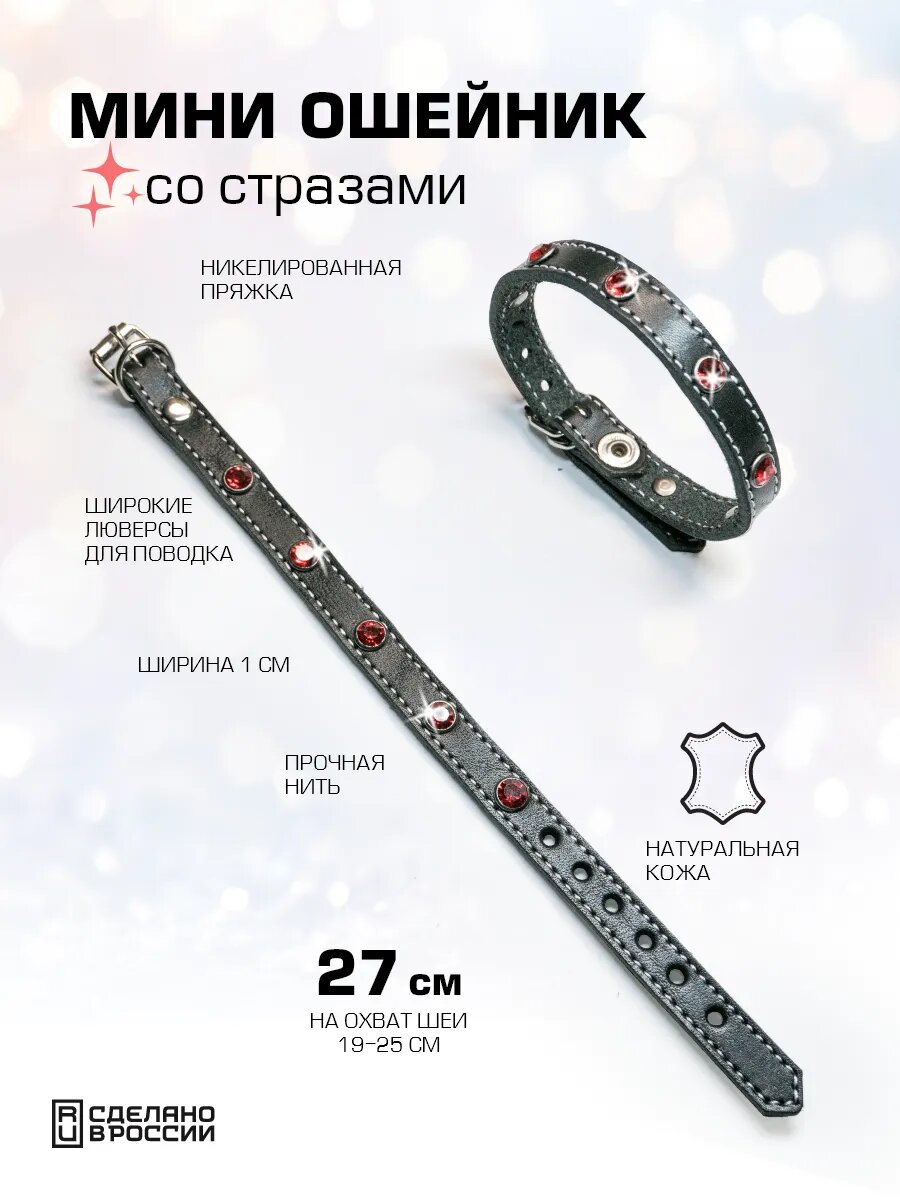 Ошейник кожаный со стразами для кошек, собак мелких пород и щенков