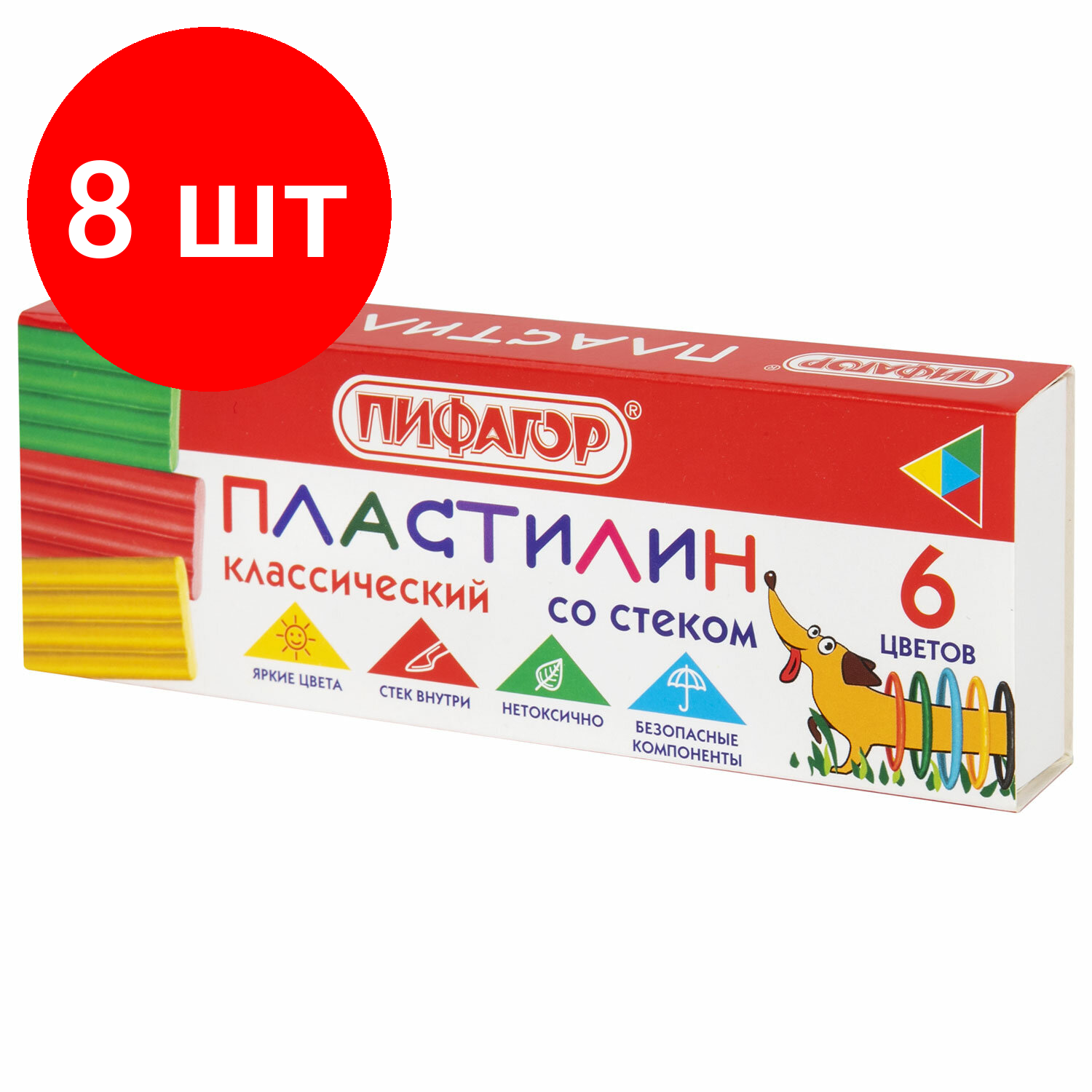 Комплект 8 шт, Пластилин классический пифагор "Веселая такса", 6 цветов, 90 г, со стеком, 106674