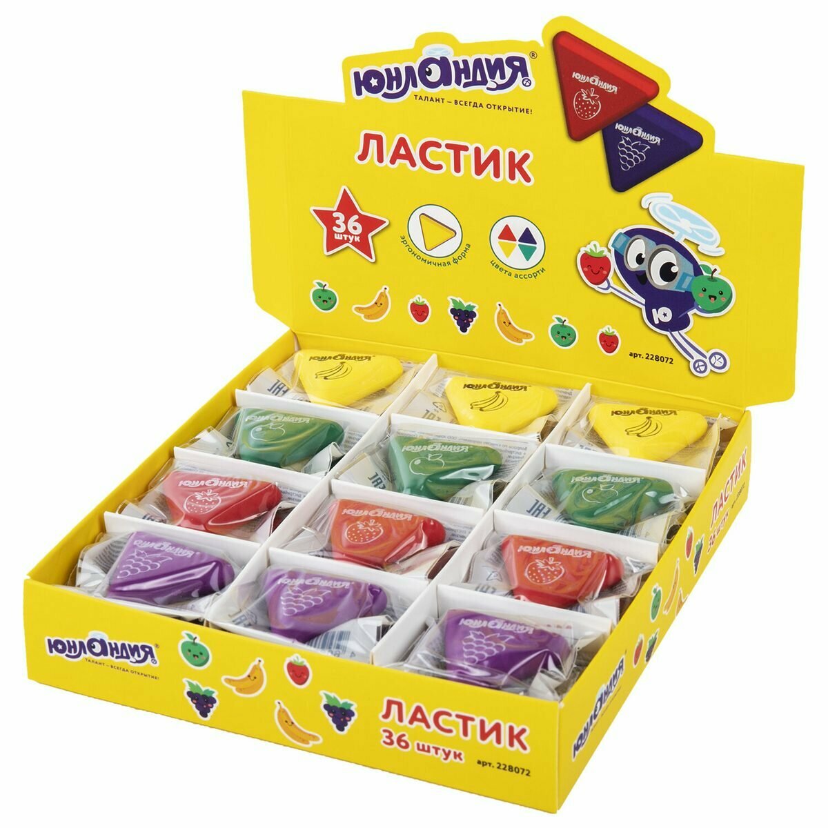 Ластик Юнландия "Трио", 35х35х10мм, разные цвета, треугольный (228072), 36шт.
