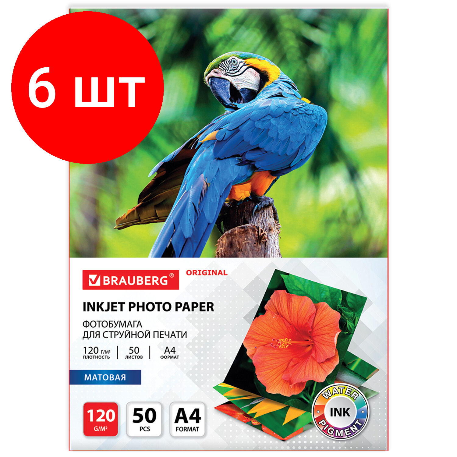 Комплект 6 шт, Фотобумага матовая, А4, 120 г/м2, односторонняя, 50 листов, BRAUBERG ORIGINAL, 363981