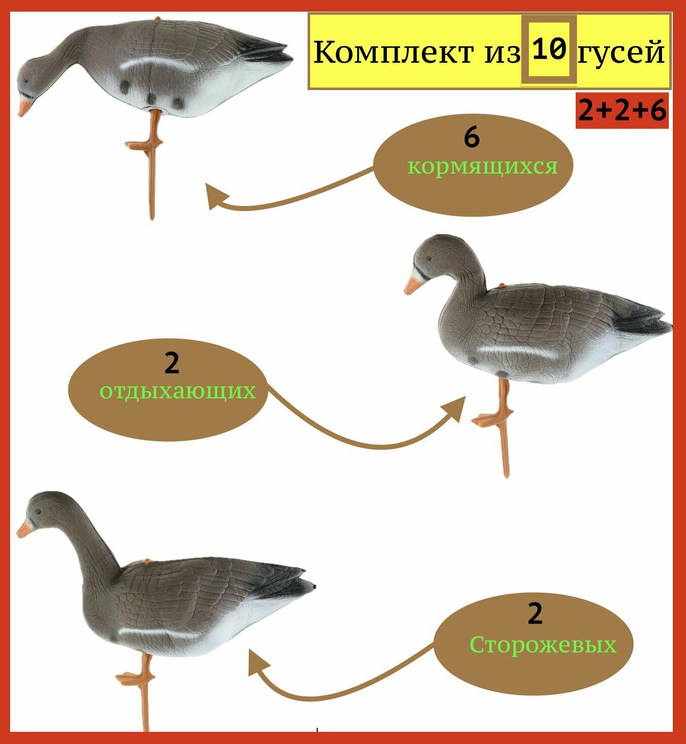 Чучела Гусей Белолобый, 10 шт, чучела гусей для охоты, на ножке, сминаемые, XPE