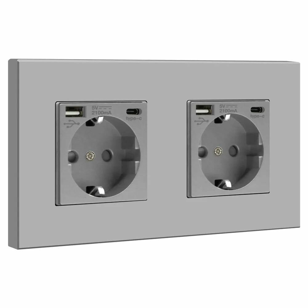 Розетка с USB Type-C MVAVA серая, встраиваемая, 2 поста, с заземлением и шторками, 16А, зарядка 10W, пластиковая рамка