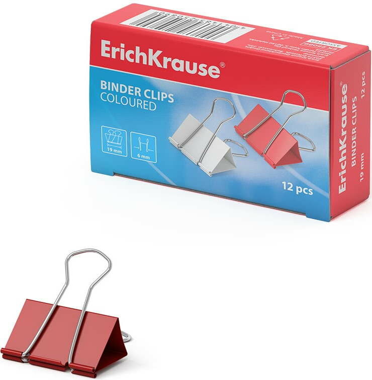 Зажимы для бумаг ErichKrause,19мм цветной (коробка 12 шт.)