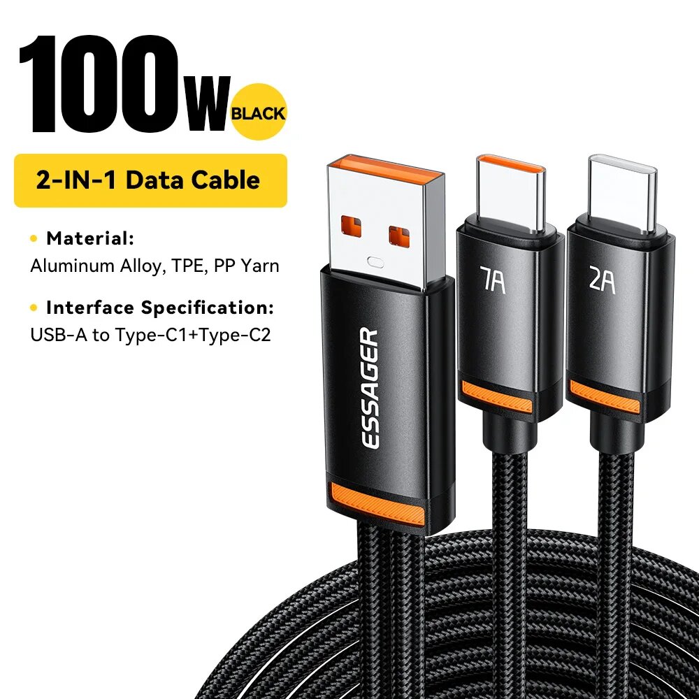 Кабель Essager 7A 100W 2-в-1 USB-C Для Быстрой Зарядки И Передачи Данных Для A to C and C Grey