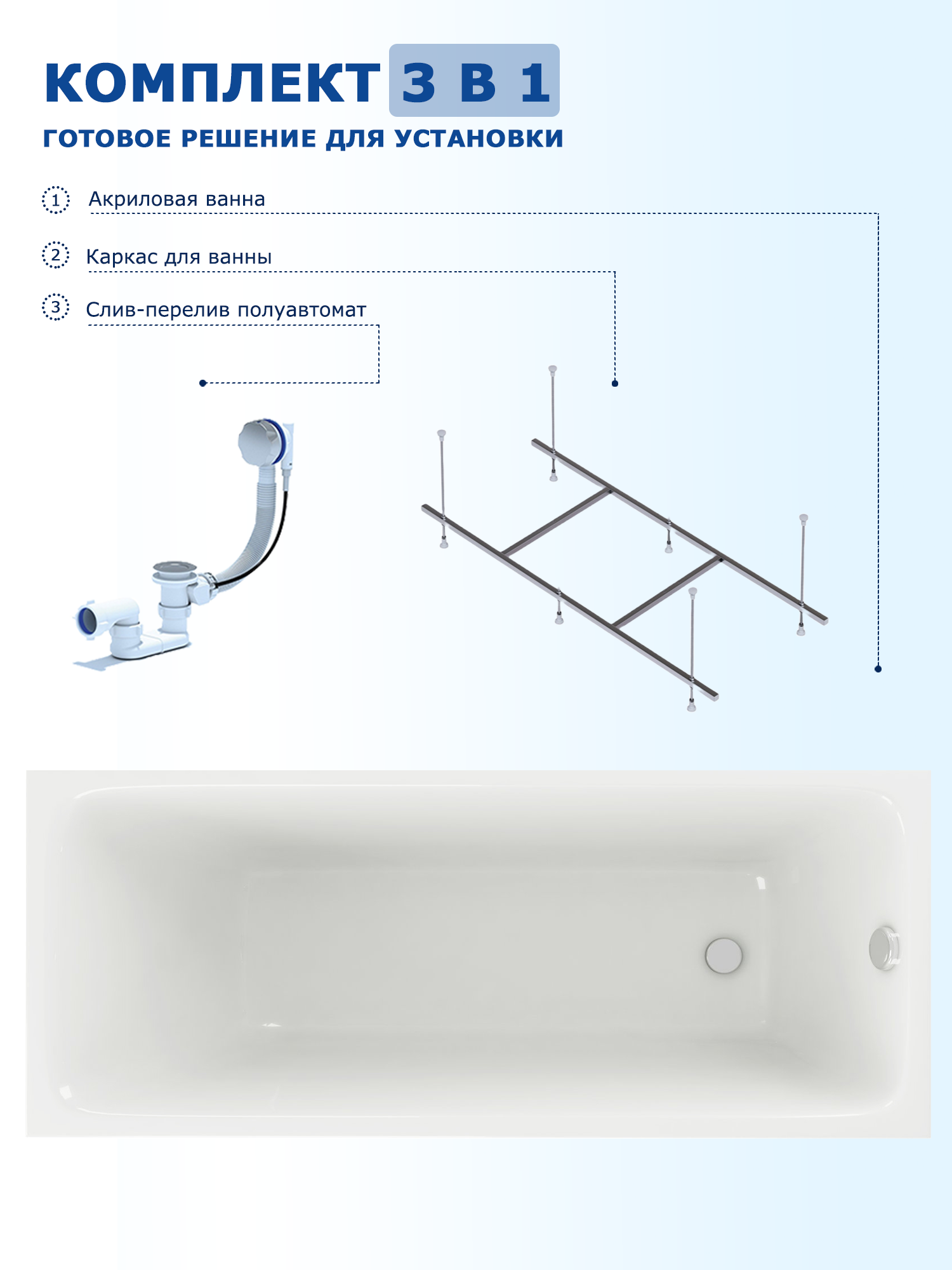 Акриловая ванна Акватек Мия 150 см с каркасом + слив-перелив полуавтомат