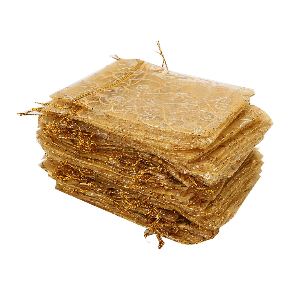 Золотой мешочек из органзы на шнурке 9x12 см, 100 шт. многофункциональная сумка для хранения ювелирных изделий, подарочный мешочек с завязками для хранения аксессуаров