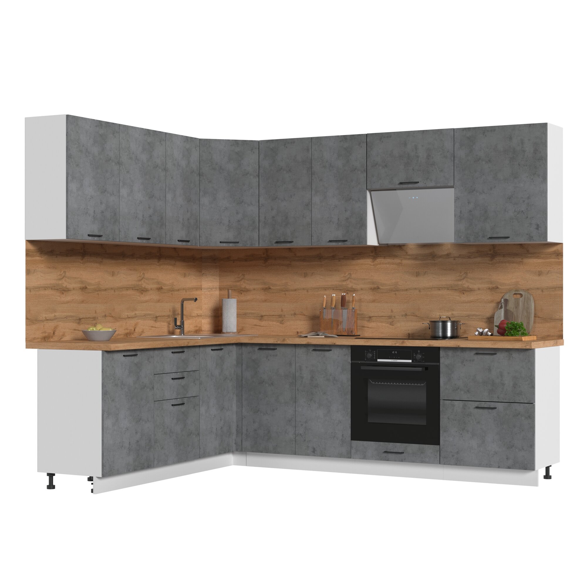 Кухонный гарнитур угловой, столешница Вотан 26мм, Кухня Венера 200х260см Белый/Бетон