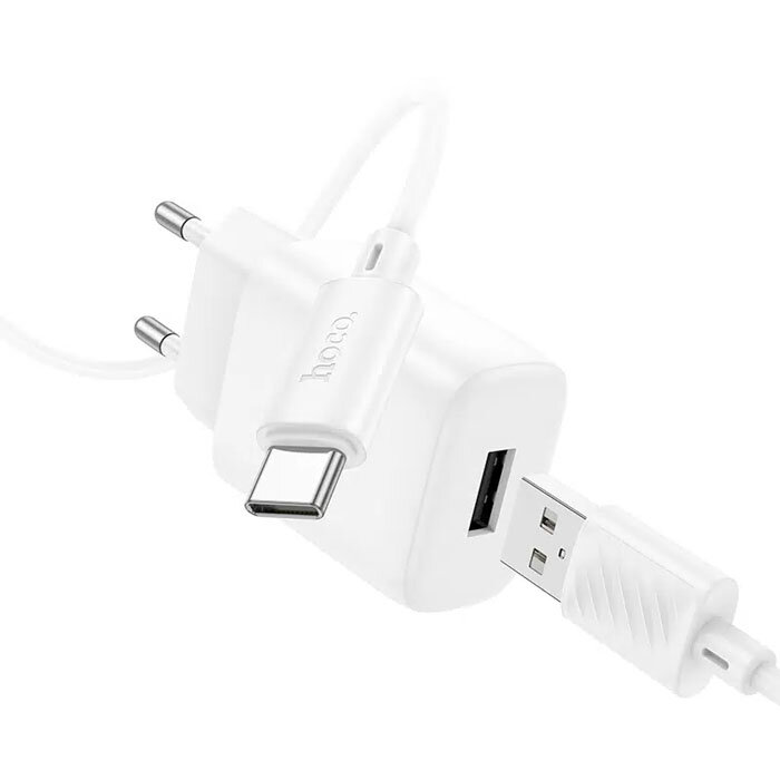 Адаптер питания USB-A 2.4А + кабель USB-C 1м Hoco C134A White зарядка 12W - белый