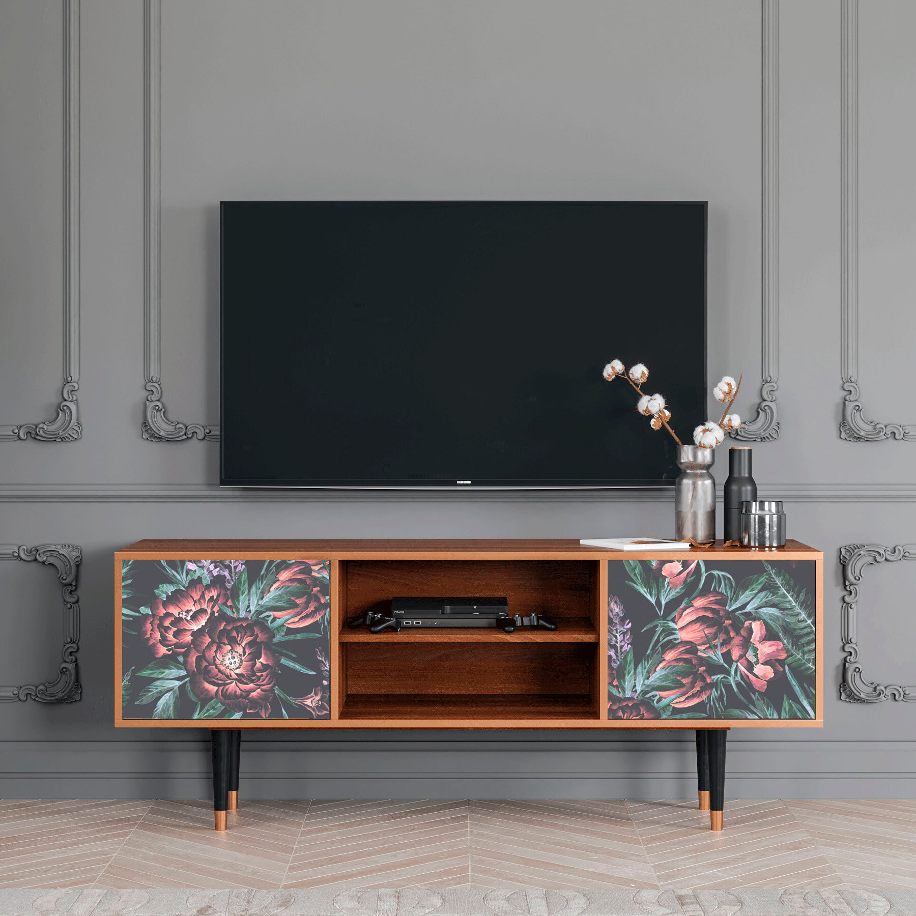 ТВ-Тумба - STORYZ - T2 Dark Peonies, Размер - 170 x 69 x 48 см, Цвет корпуса - , Орех