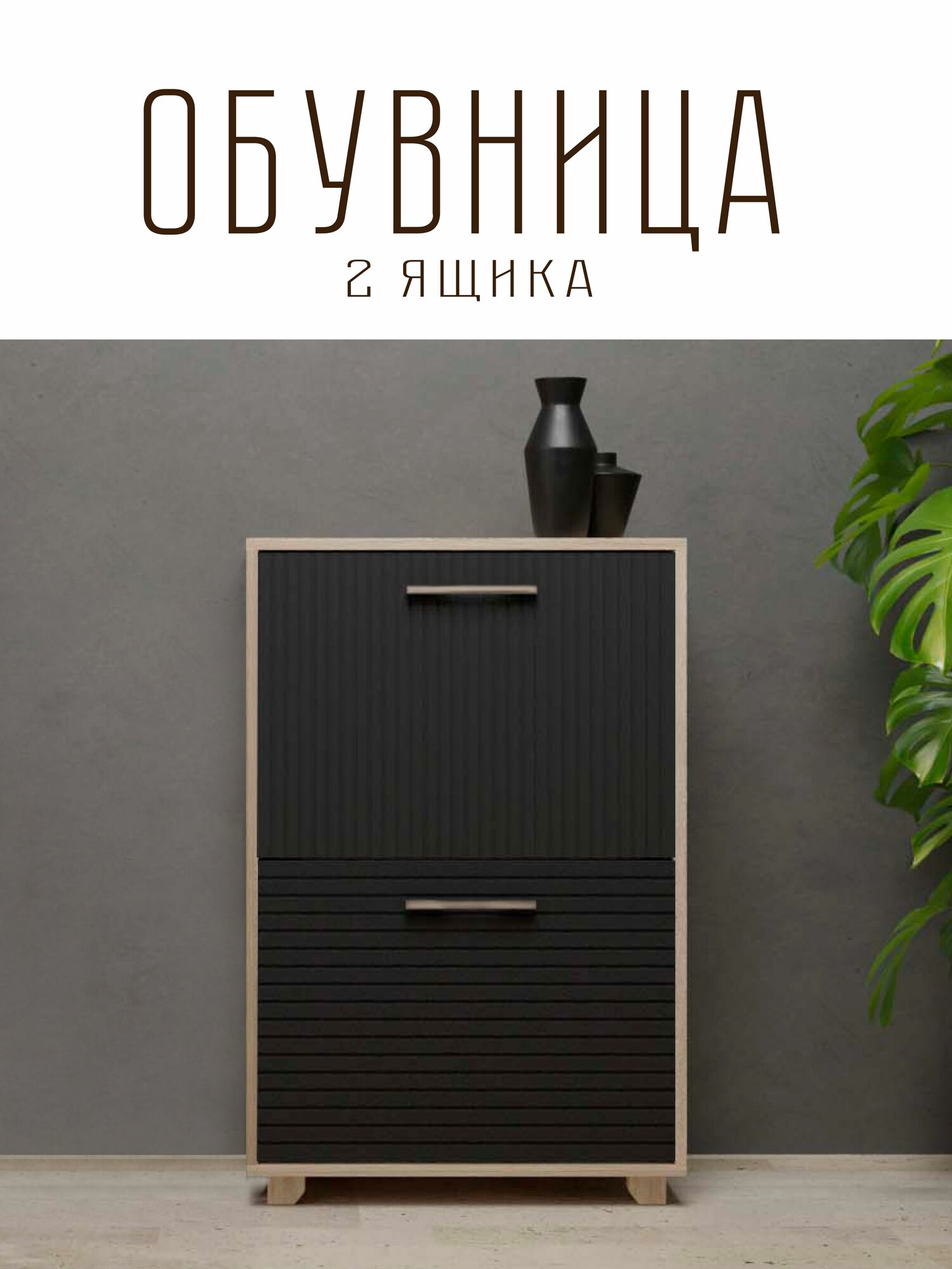 Обувница Копенгаген 2 ящика ЛДСП Дуб сонома/ МДФ Черный матовый 95х60х30