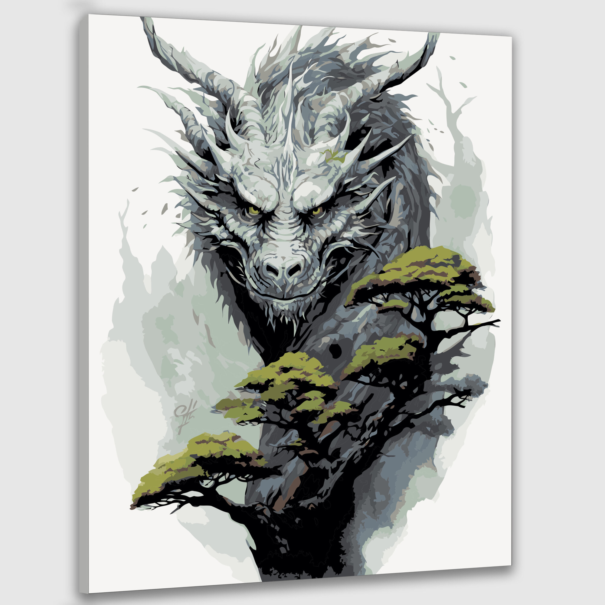 Картина по номерам 40x50 см, дракон, тушь, зеленый, древесный, извилистая форма, горная вершина, изумрудные глаза, ум