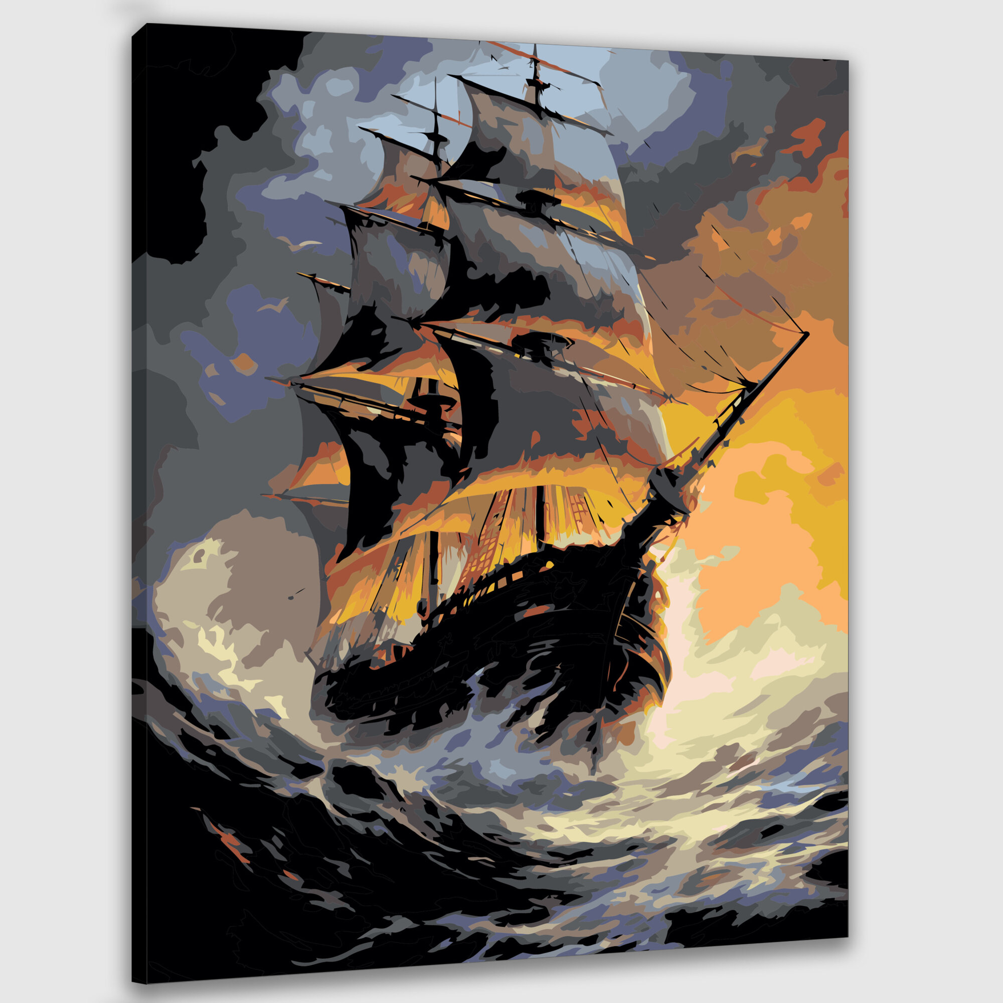 Картина по номерам 40x50 см, картина маслом, парусный корабль, штормовое море, мощные волны, разбивающиеся о корпус