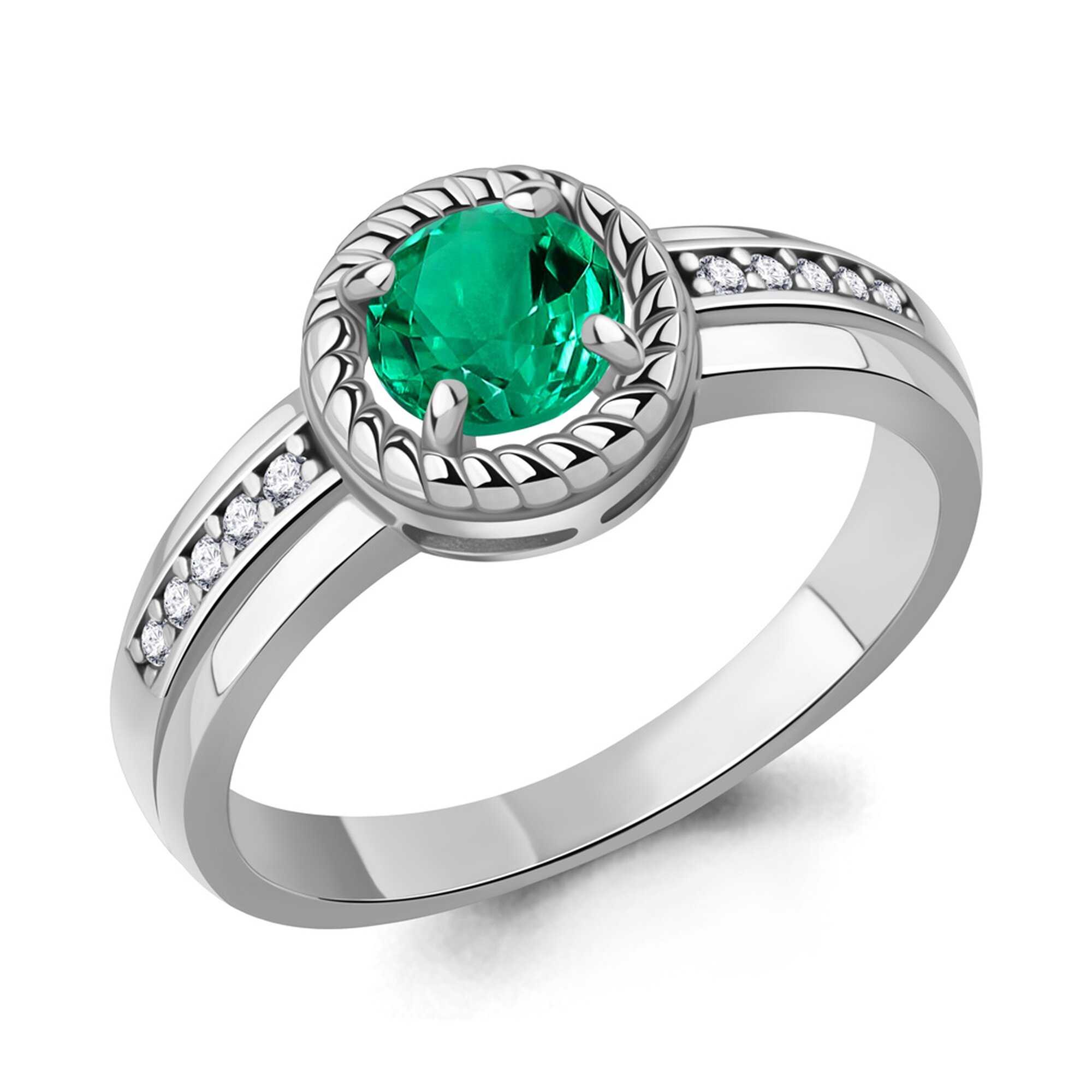 Кольцо, серебро, 925 проба, родирование, изумруд синтетический, фианит