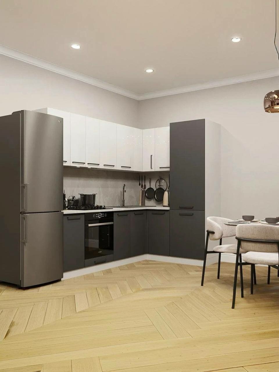 Модульная кухня угловая ЛДСП 2,4х1,6м белый глянец/графит без столешницы мебельный РАЙ У3.2