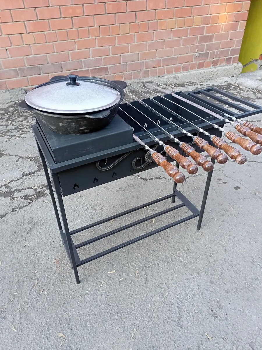 Мангал для шашлыка разборный. Железный гриль с казаном 6л. Усиленный барбекю. Горячекатанная сталь