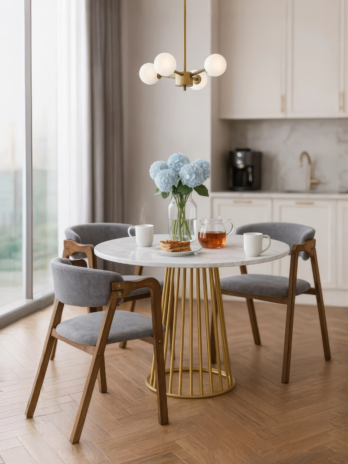 Стулья для кухни комплект 3 шт. со спинкой мягкие деревянные, кресла для обеденной зоны с подлокотниками, велюр, Серый