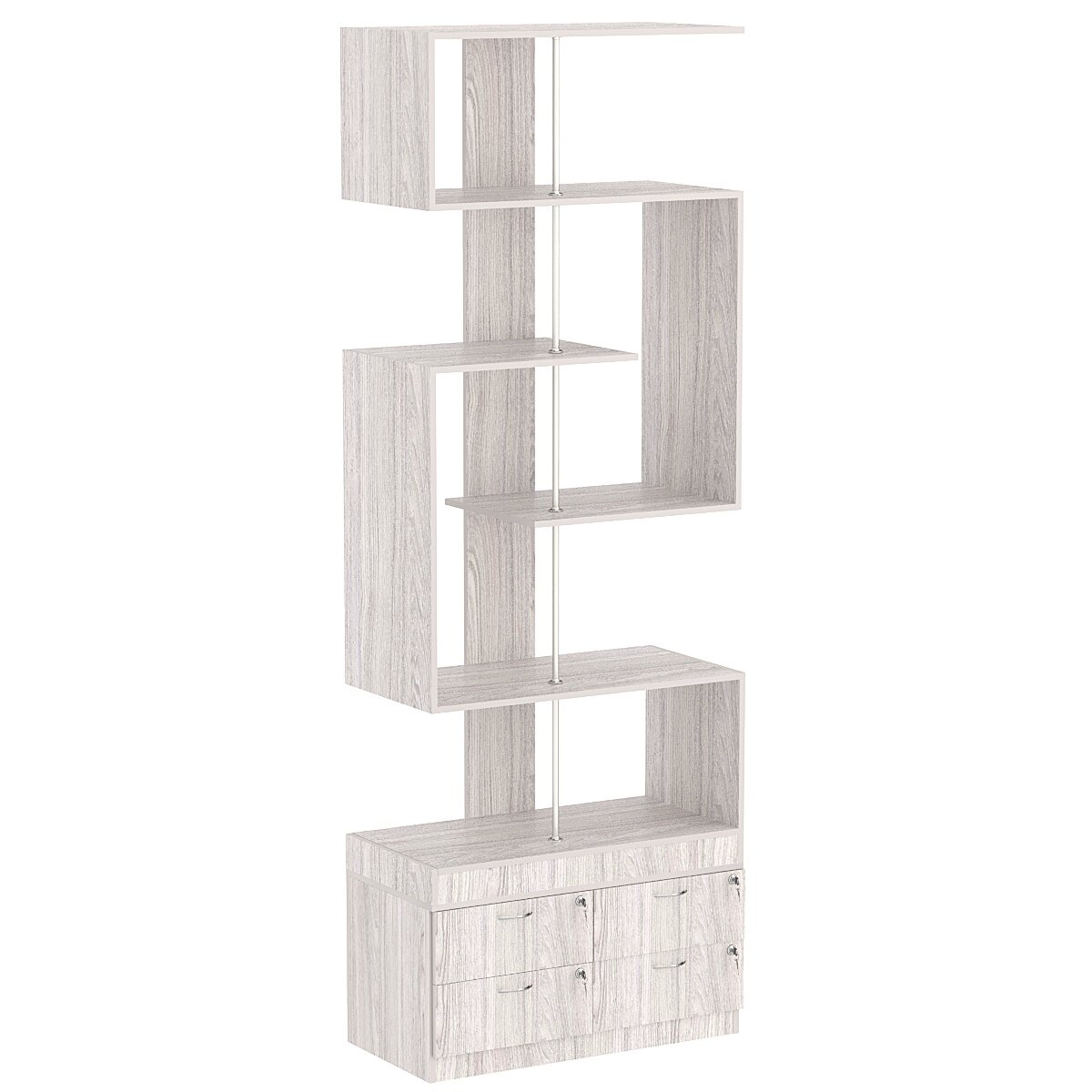 Стеллаж серии КУБ S-образный №4 с четырьмя выдвижными ящиками в накопителе, Ясень Анкор светлый - U31104