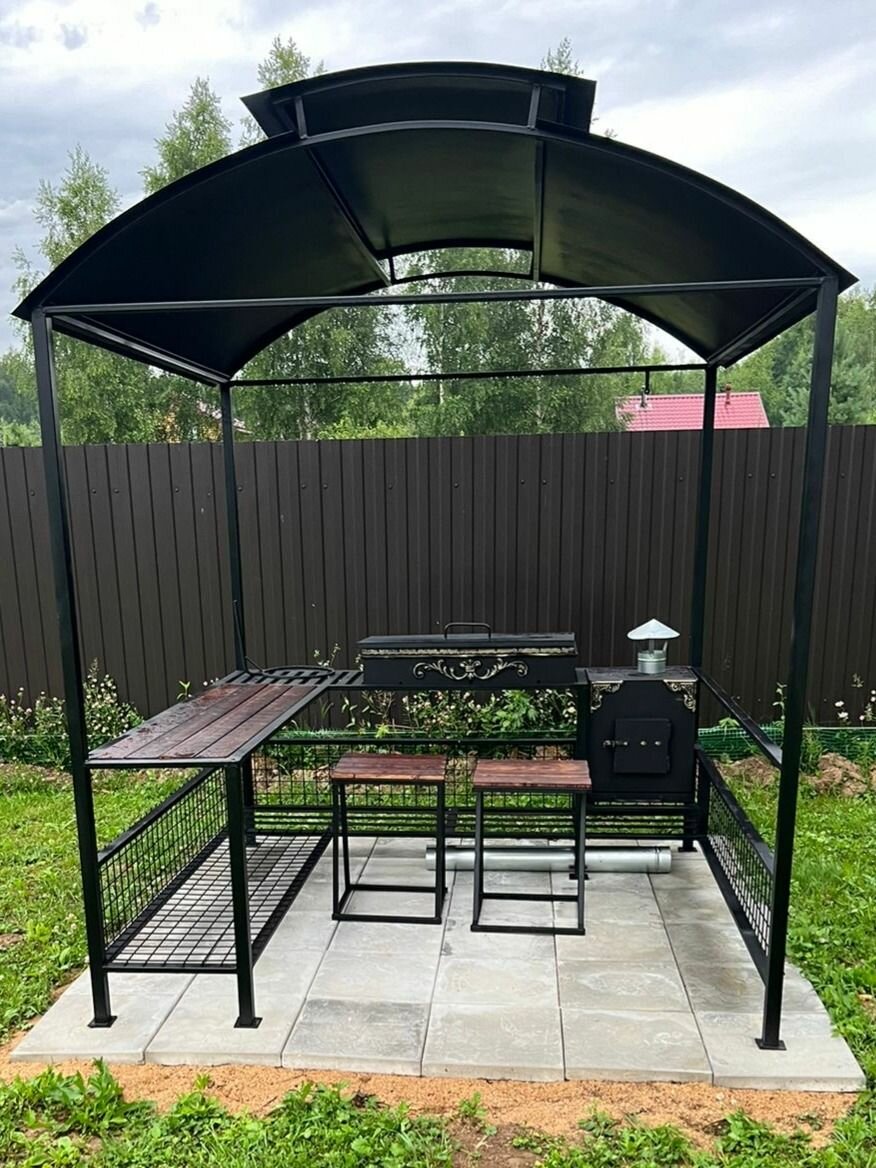 Мангал с крышей и печью под казан, беседка с мангалом металлическая со столом и табуретками уличная для дачи 3 мм
