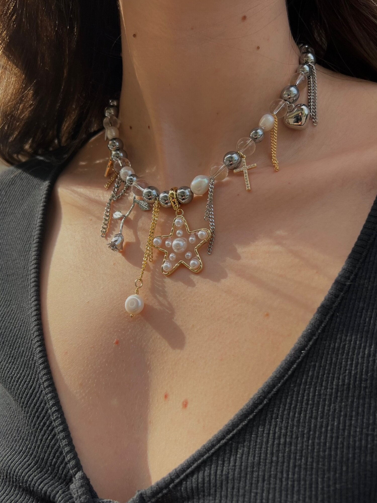 Чокер, кварц, жемчуг пресноводный культивированный