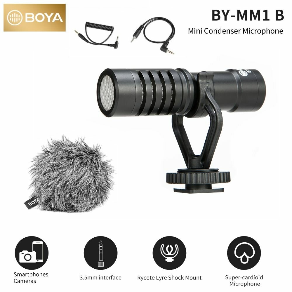 BOYA BY-MM1-B Черный кардиоидный микрофон с гусиной шеей для iPhone Android смартфонов DSLR камер видеокамер