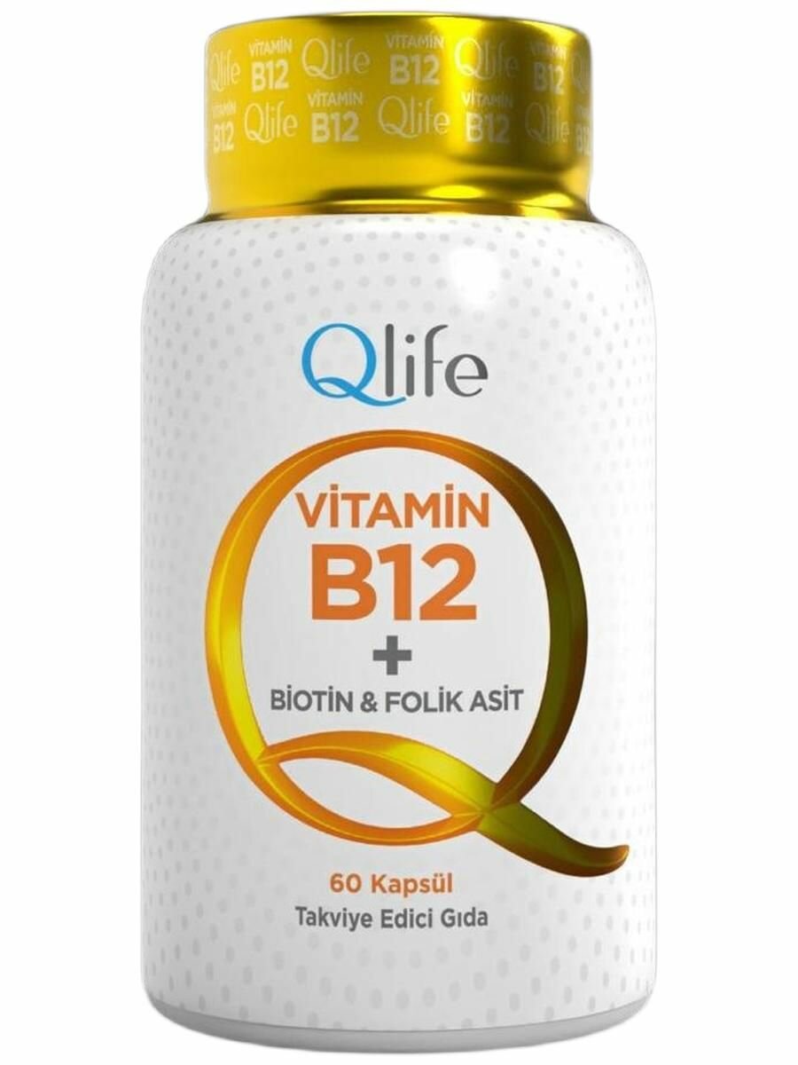 QLIFE Комплекс Витамин B12 + Биотин + Фолиевая кислота, для волос и ногтей, 60 капсул, Турция