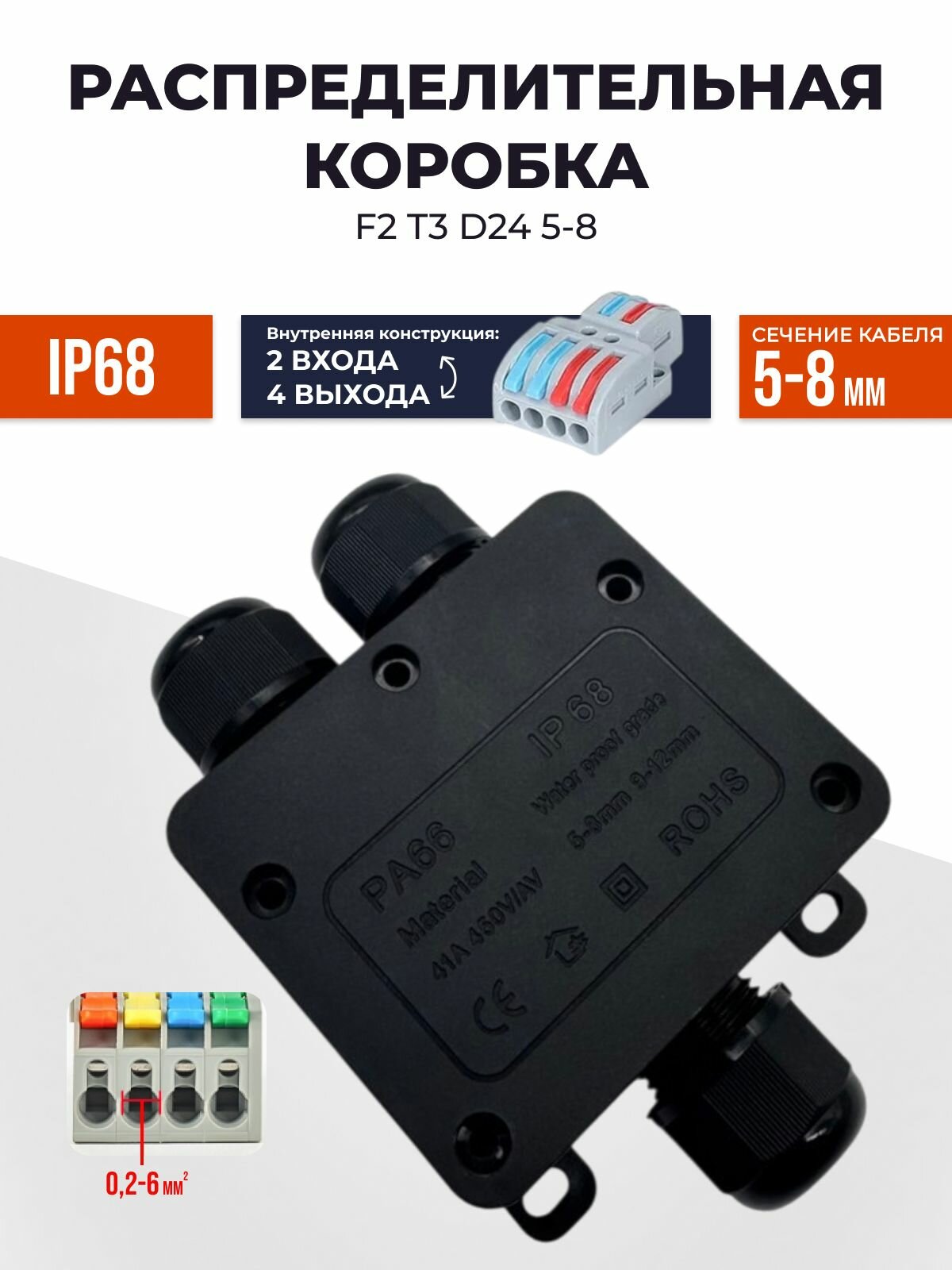 Водонепроницаемая распределительная коробка IP68 с клеммами 3-вводная 2/4 F2 3T D24 5-8 мм