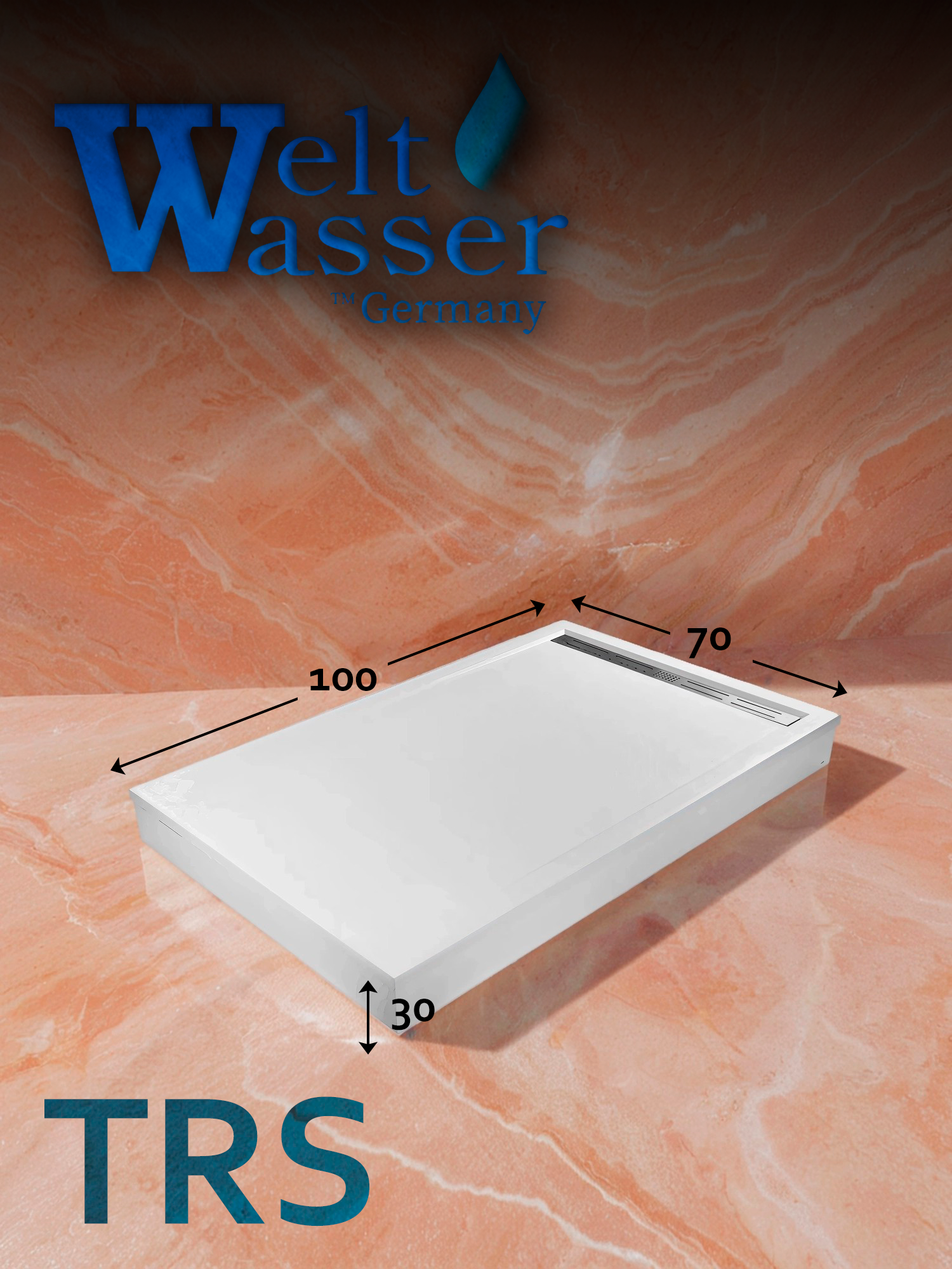 Душевой поддон Weltwasser WW TRS STONE WT, 100x70 см, с сифоном, искусственный мрамор, белый