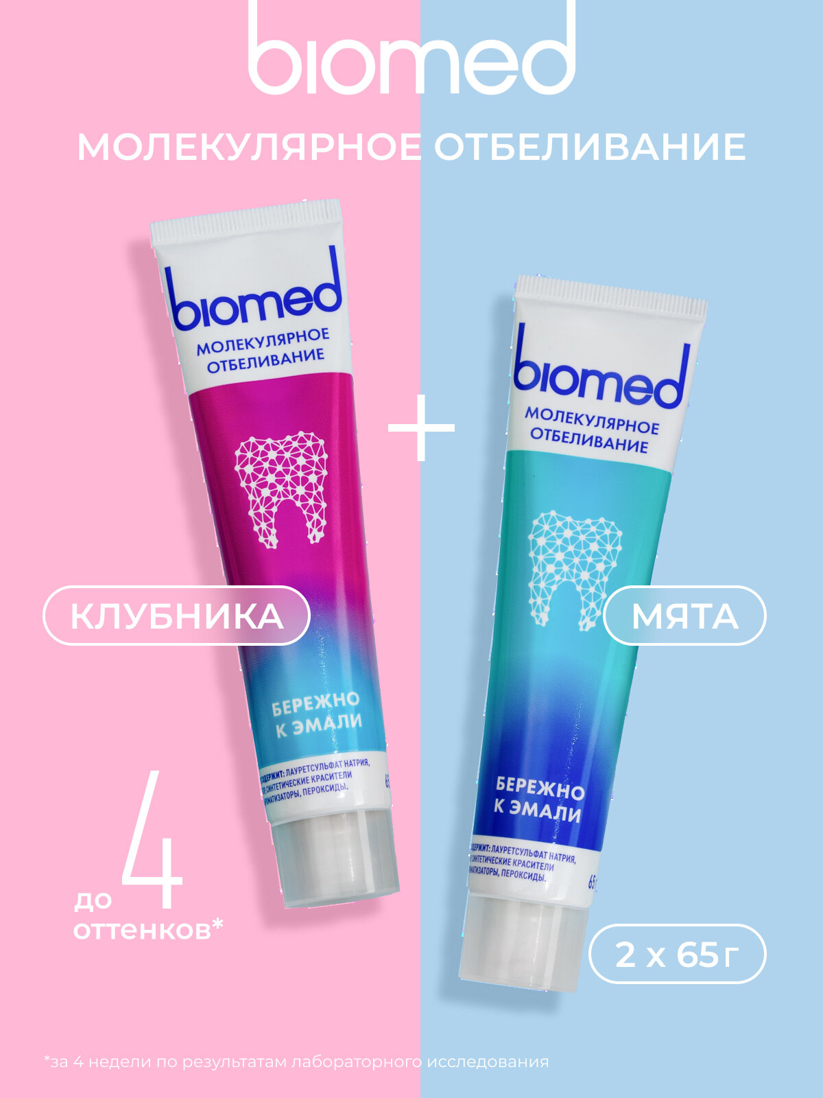 Зубные пасты «BIOMED HEALTHYWHITE Отбеливание и восстановление эмали» Клубника + Лесная мята, 2шт х 65 г