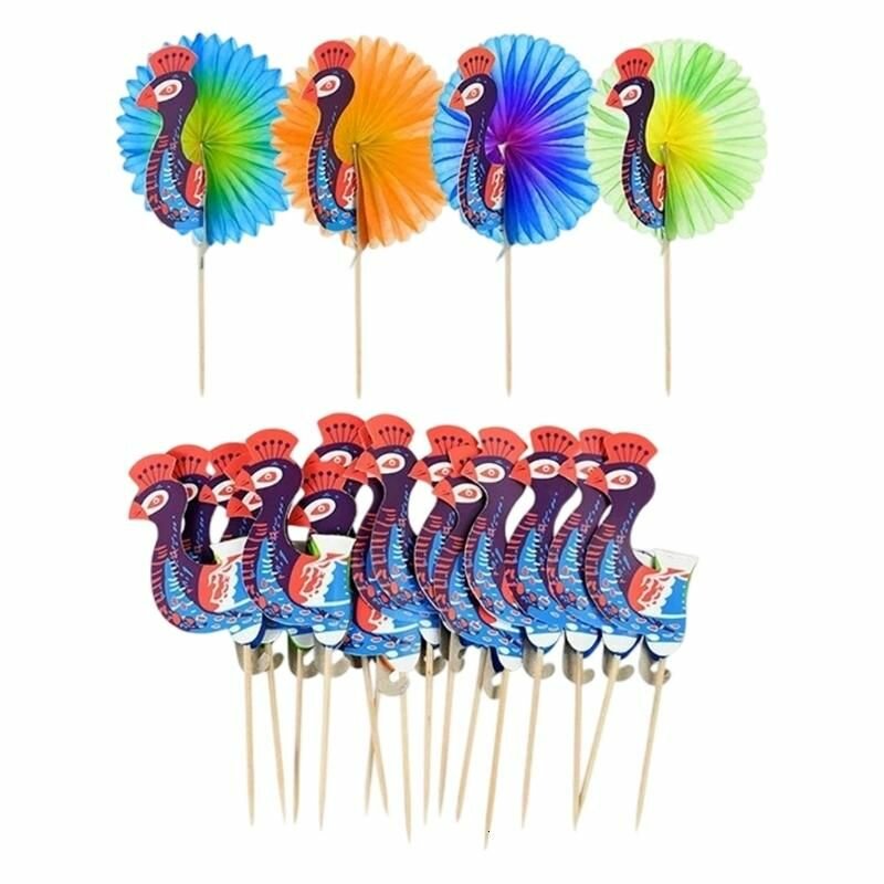 50 палочек, украшение вечеринки Гавайский соломенный фруктовый зонтик с 3D-сотовым набором знаков-цветной знак павлина