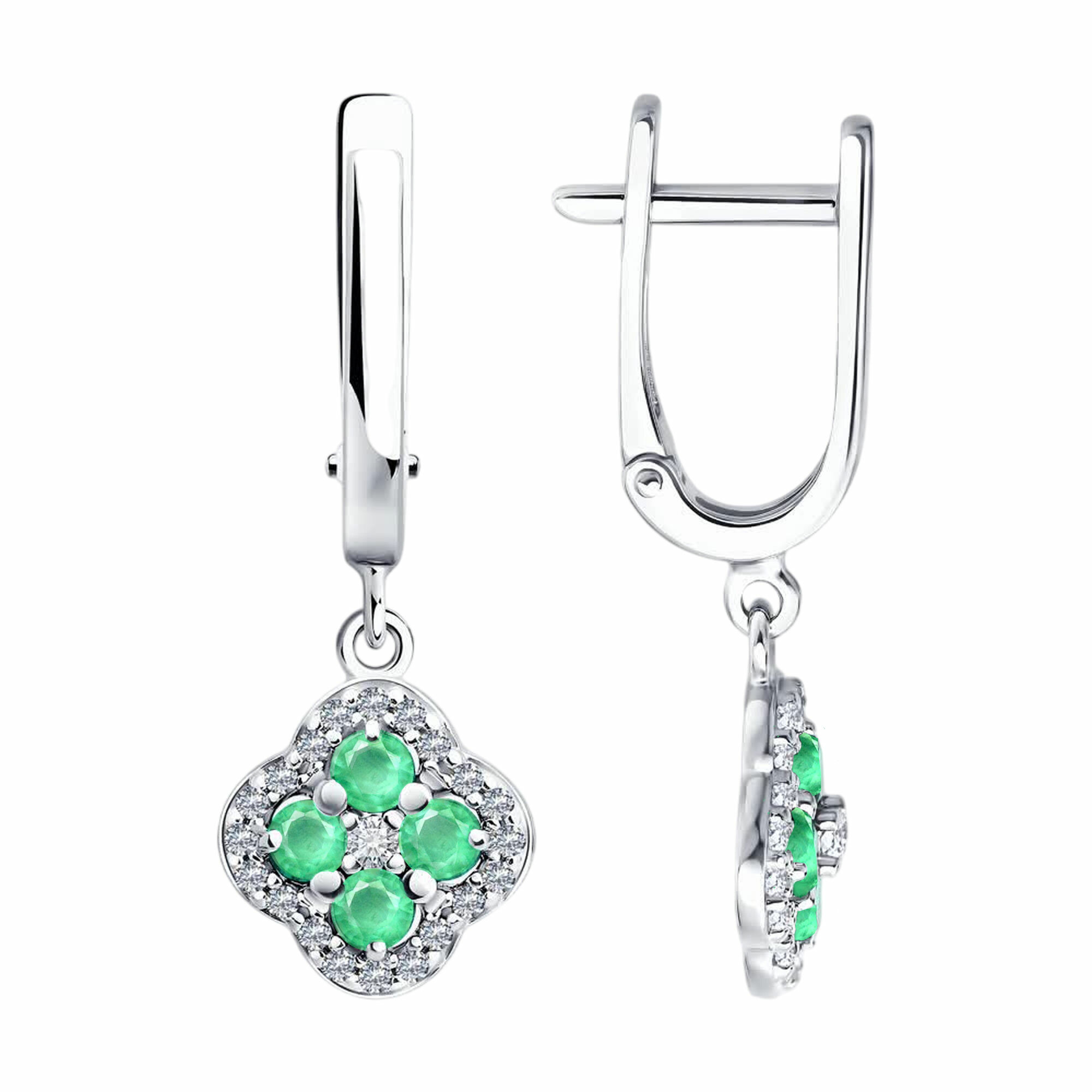 Серьги Diamant online, серебро, 925 проба, родирование, фианит, изумруд
