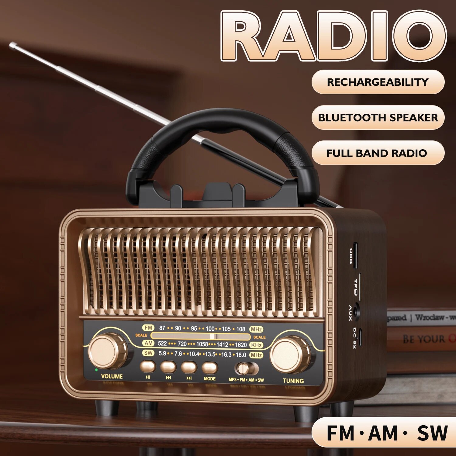 Портативное Ретро-Беспроводное Радио AM /FM / SW С USB-Аккумулятором, Антенной, Поддержкой AUX И TF-Карт, Подходит Для Домашнего Использования