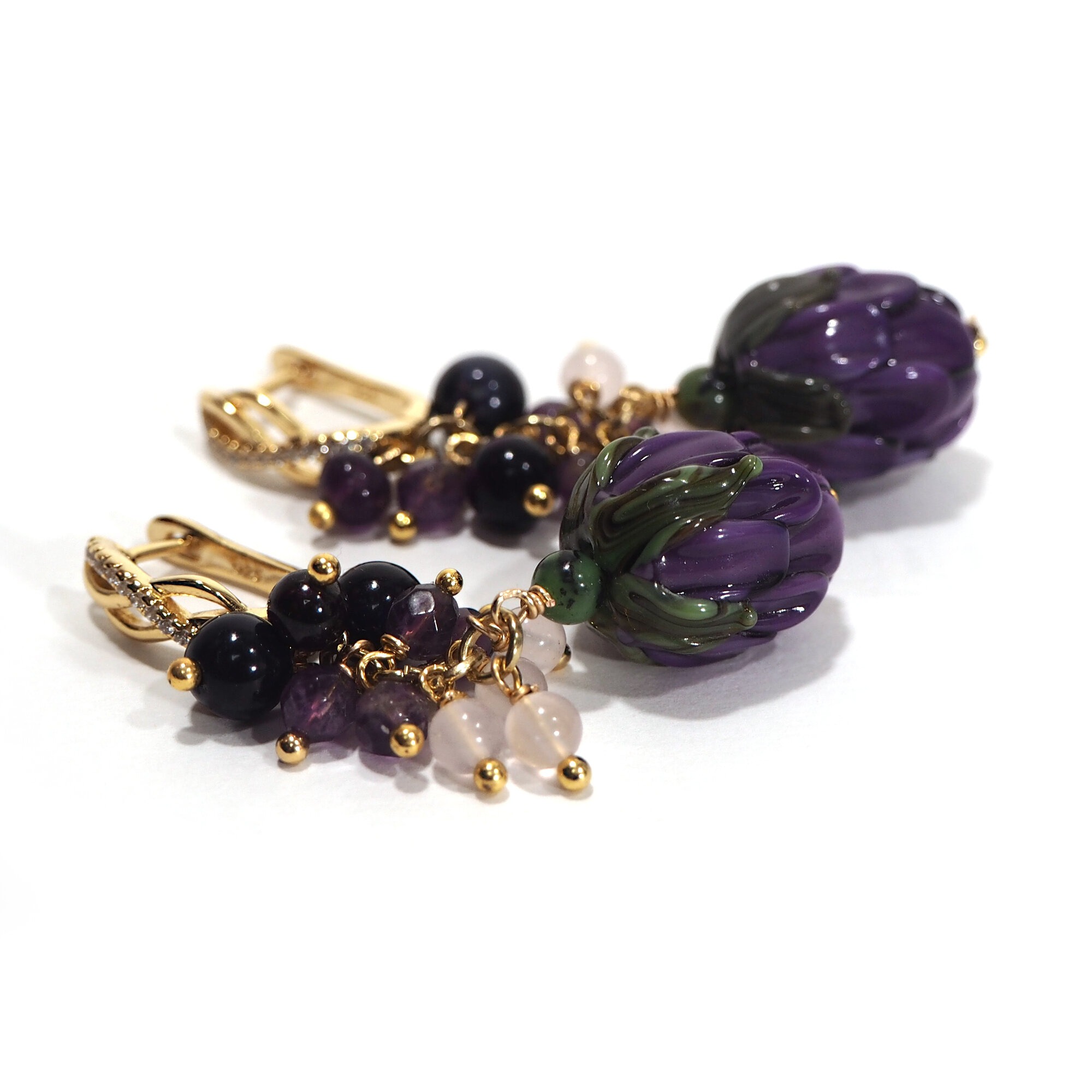 Серьги с подвесками, кварц, муранское стекло, аметист, пренит