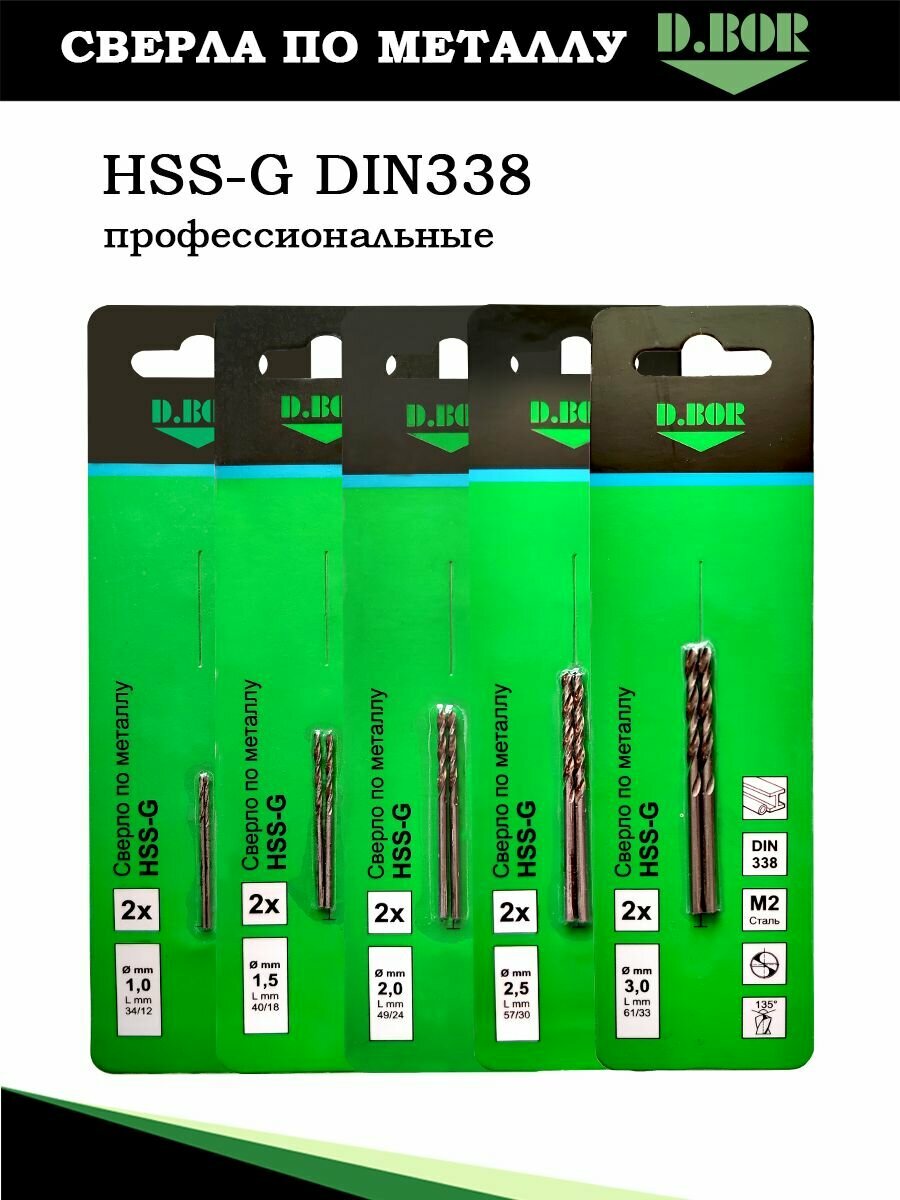 Сверла по металлу, набор 10 шт от 1-3 мм D.BOR, для дрели, шуруповерта