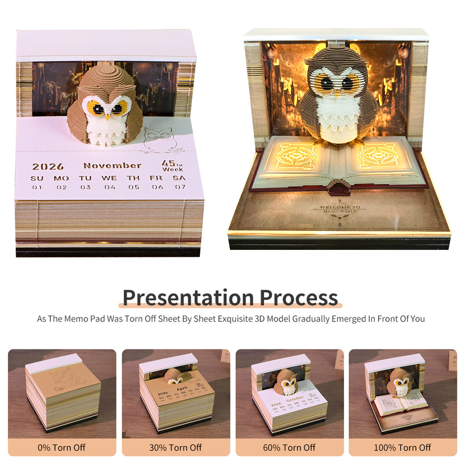 Настольный 3D календарь с совой на 2026 год, с подсветкой