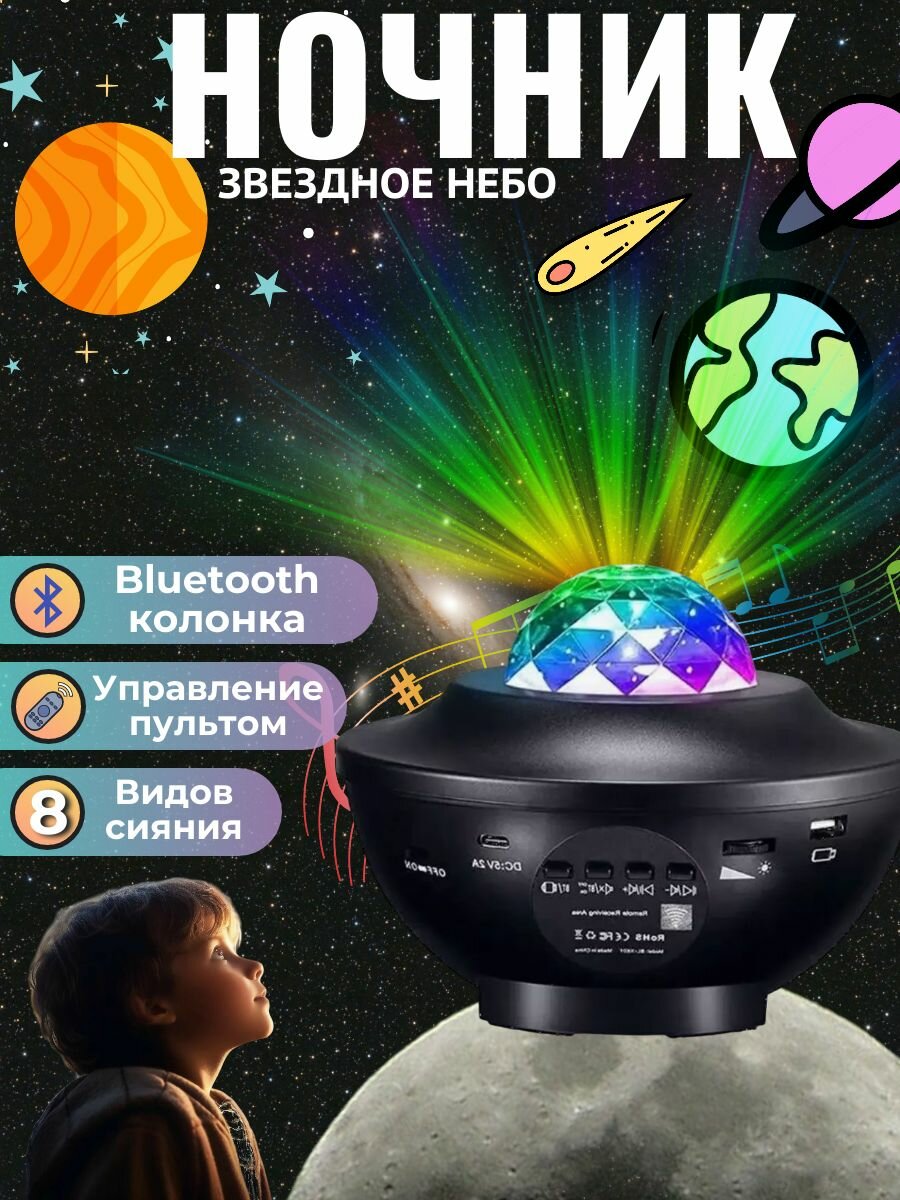Проектор звездного неба и водяных волн с Bluetooth-музыкой (для спальни, ночник, светодиодный, с пультом ДУ, атмосферный)