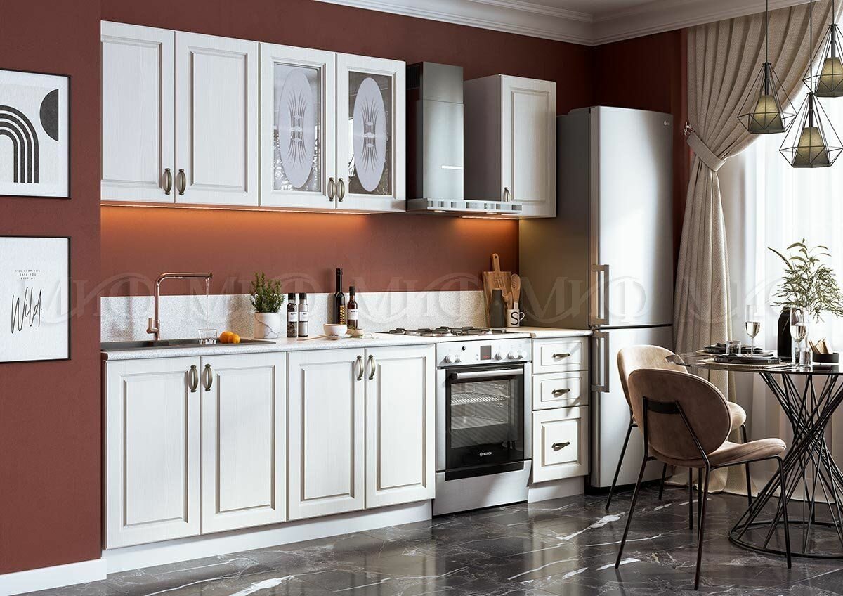 Кухонный гарнитур 2м/490 (к.1) Констанция белый матовый, белый со столешницей, МИФ