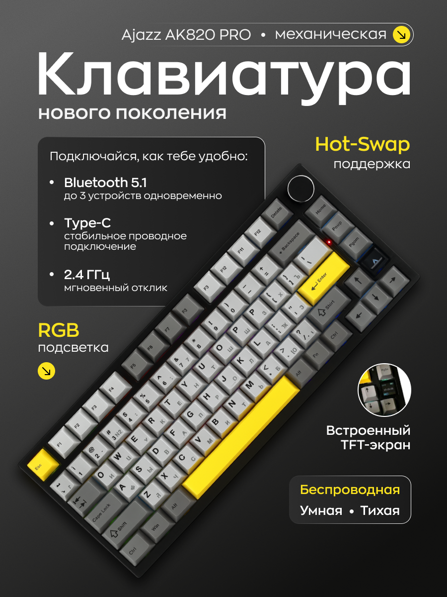 Механическая игровая клавиатура AJAZZ AK820 PRO, русская раскладка, беспроводная, с цветным TFT-экраном( Черно-желтый)