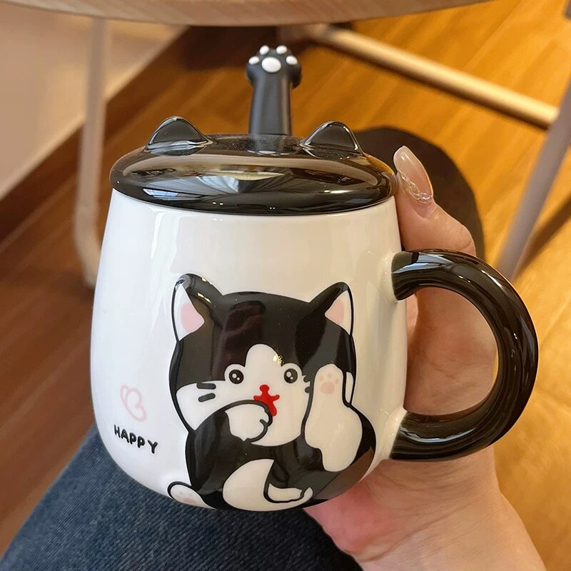 Керамическая кружка Licking Paw Cat с крышкой и ложкой в форме когтя - Устойчивая к теплу кружка для завтрака