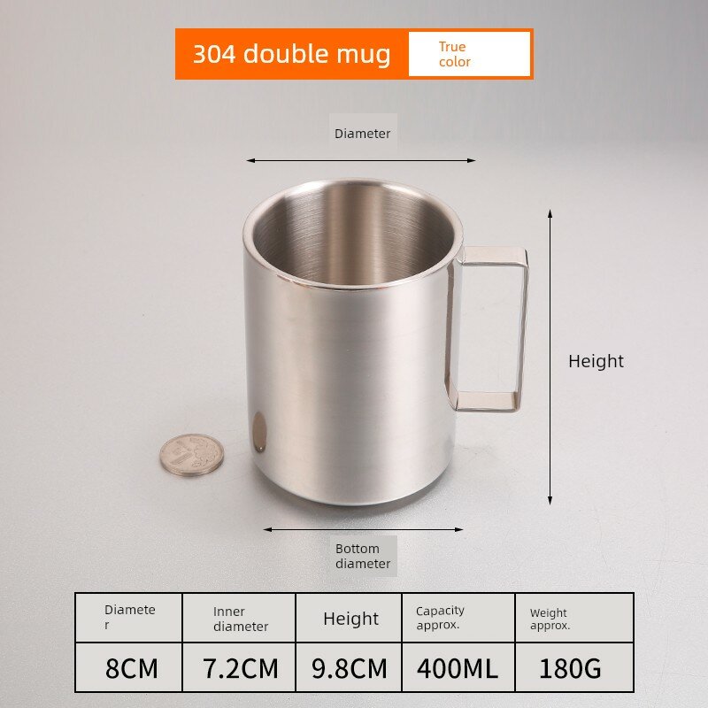 Кружка из нержавеющей стали 304, двухслойная противоожоговая кофейная чашка, 400 мл, металлическая чашка для рта, чашка