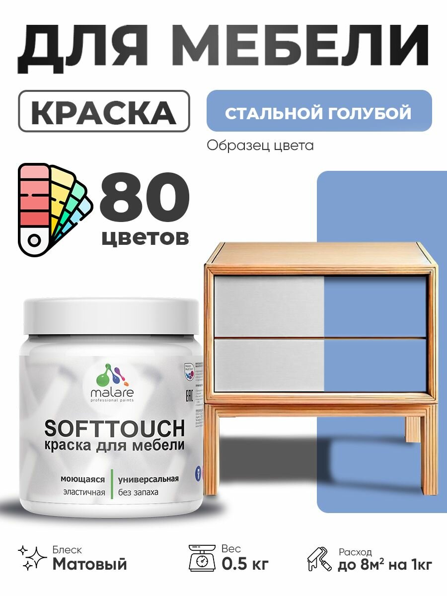 Акриловая краска для мебели Malare SoftTouch для кухонных фасадов для дерева и МДФ, моющаяся быстросохнущая, матовая, стальной голубой, 0.5 кг.